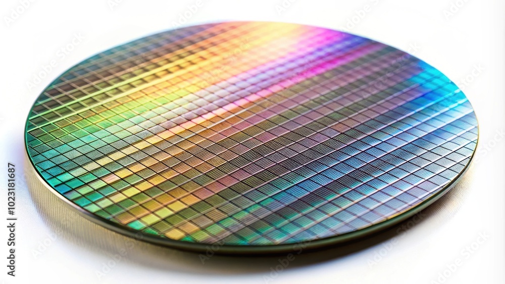 Silicon wafer with semiconductors on white background, technology, chip ...