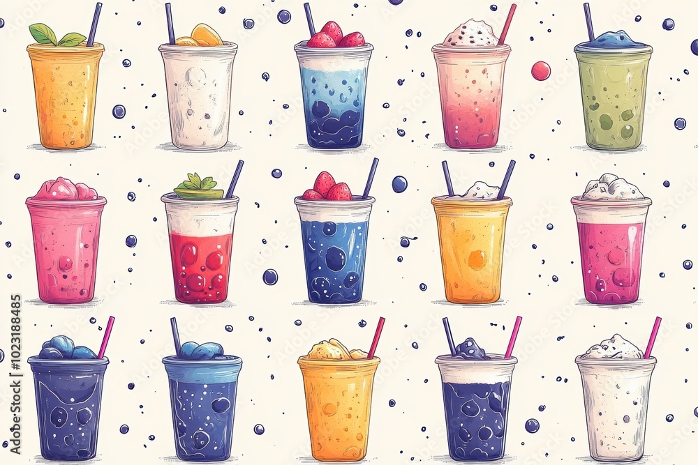 bubble tea pattern, vibrant illustrations of different bubble tea cups ...