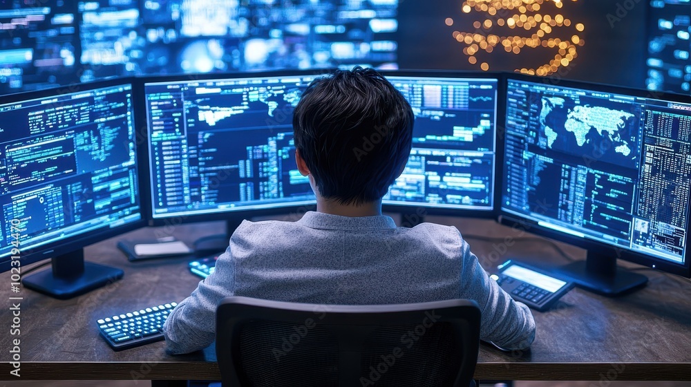 Professional Analyzing Data On Multiple Computer Screens In A Modern