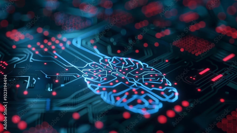 Abstract digital brain on circuit board, representing artificial ...