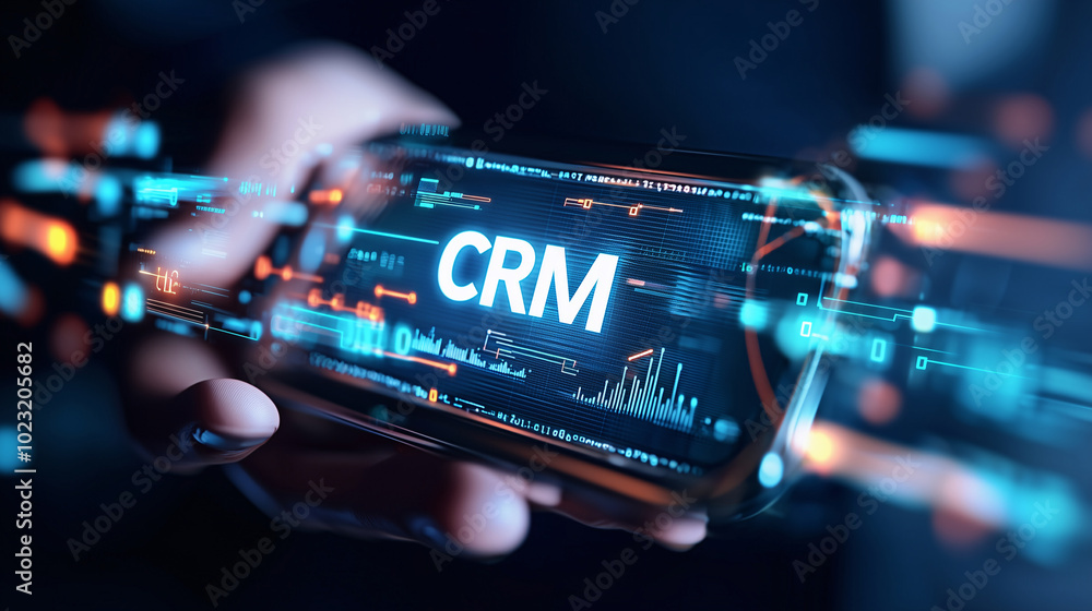 Hologram of a CRM system displayed on a smartphone, illustrating the ...
