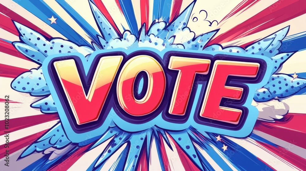 Cartoon "VOTE" text in bold letters with a red, white, and blue retro ...