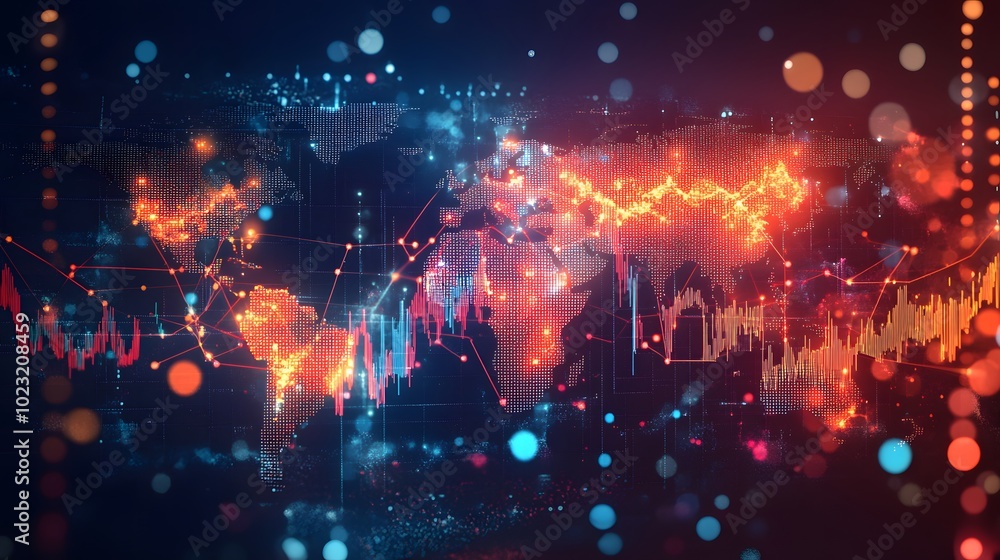 Global stock market connections illustrated by cities and graph lines ...