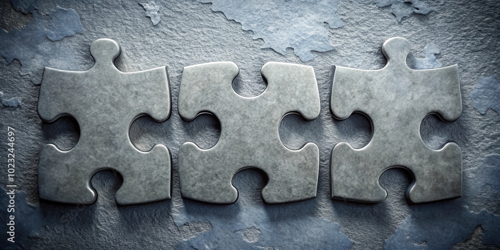 Three mysterious grey jigsaw puzzle pieces missing abstract background ...