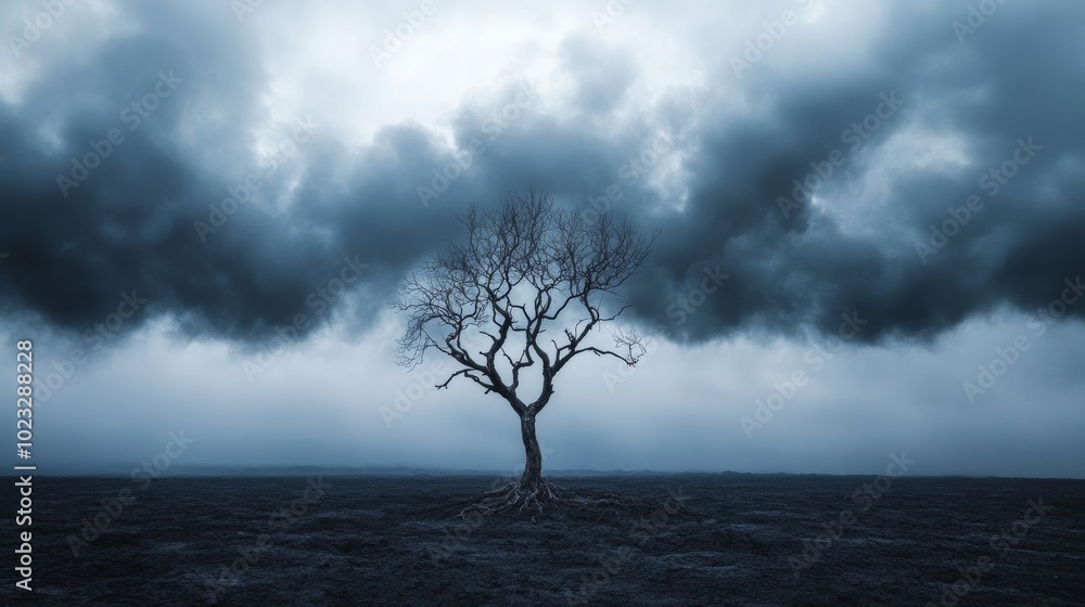 A dead tree standing alone in a smoke-filled field, barren ground ...