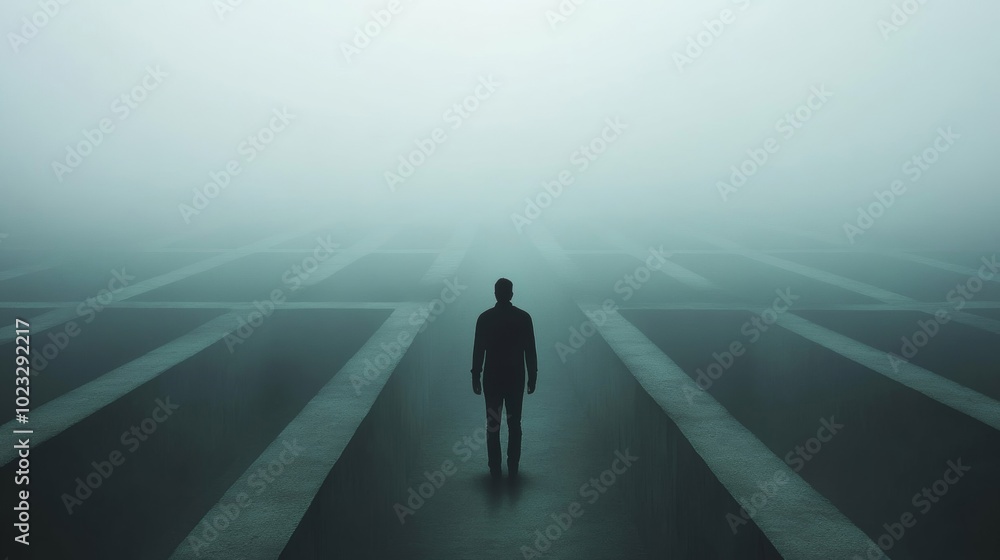 Person trying to find their way in a fog-covered maze, high walls ...