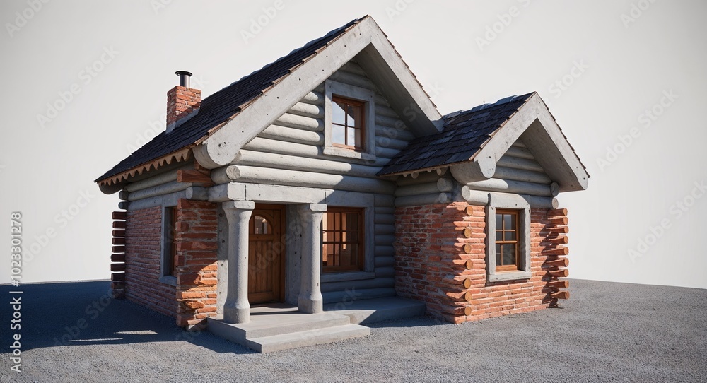 Cement log cabin house with smooth plaster and brick details on plain ...
