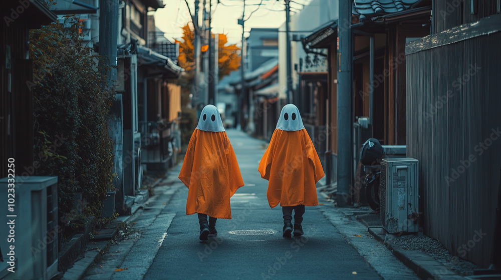 Two japan kids wearing orange mantle and creepy ghost masks walking on ...