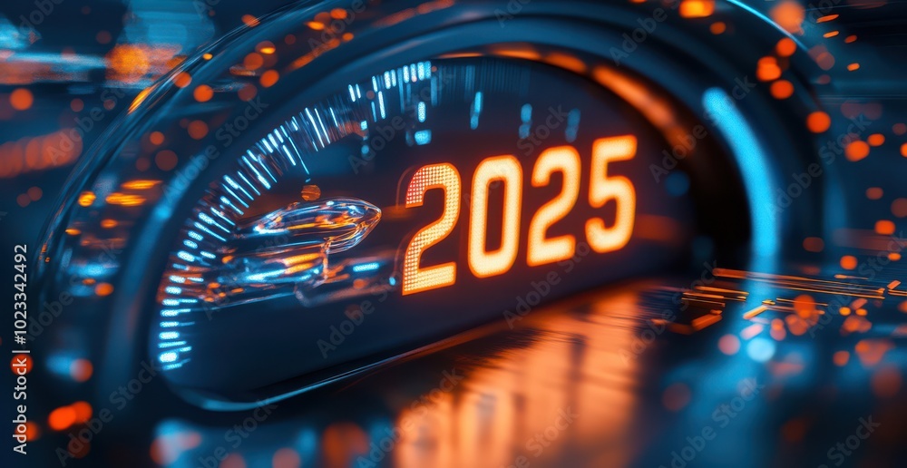 Futuristic digital speedometer highlighting the year 2025 with dynamic ...