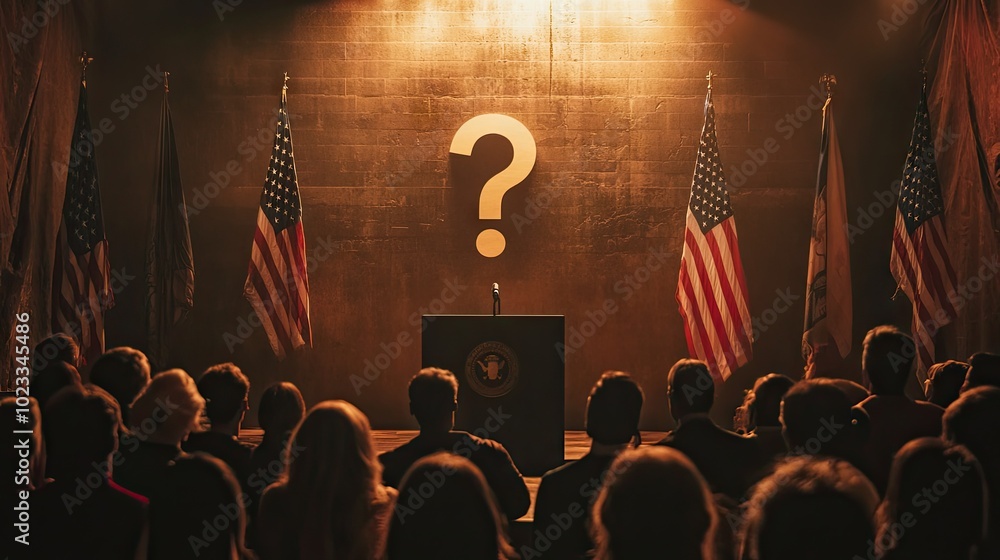 A crowd in a dimly lit hall stares at a podium featuring a bold ...