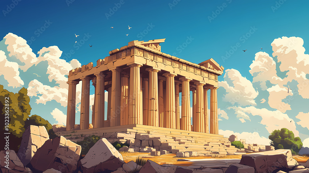 The parthenon is a large, ancient greek temple with columns. Ancient Greek Temple. Illustration ...