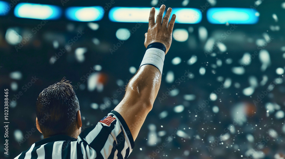 The referee’s hand is raised high, signaling the decisive end of a ...