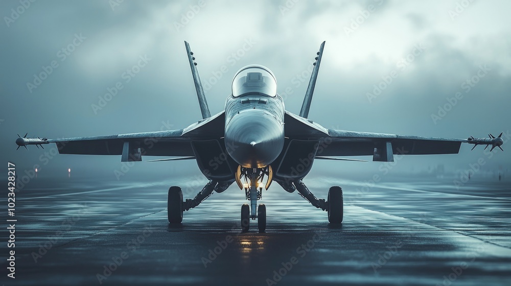 A sleek fighter jet stands poised on a runway, shrouded in mist ...