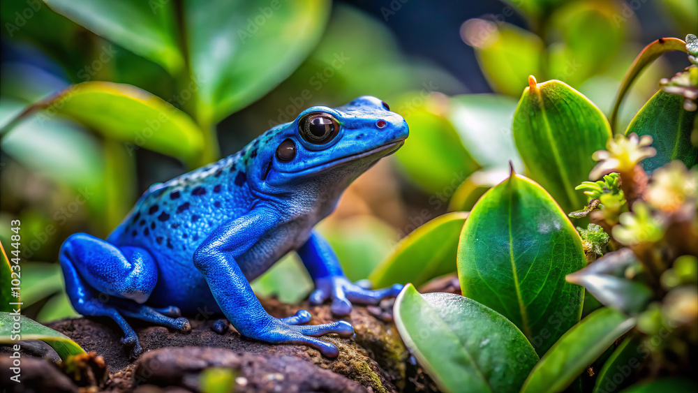 vibrant blue poison dart frog perched among lush green foliage ...