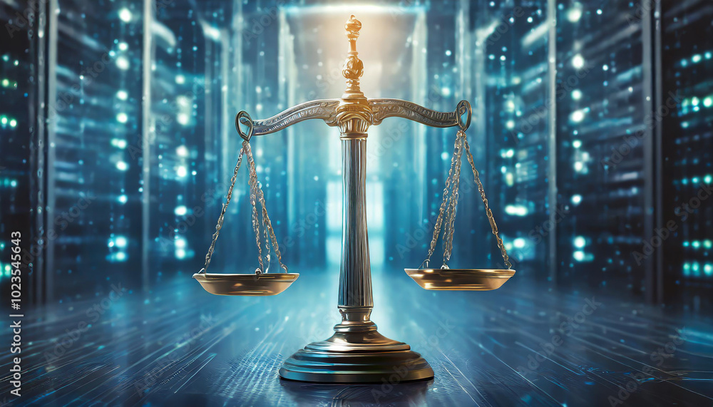 Balanced scales of justice illuminated in a modern digital environment ...