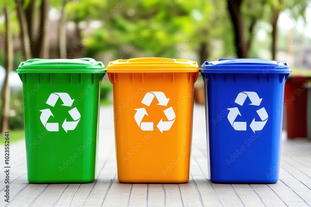 Colorful recycling bins in outdoor setting for waste separation and ...