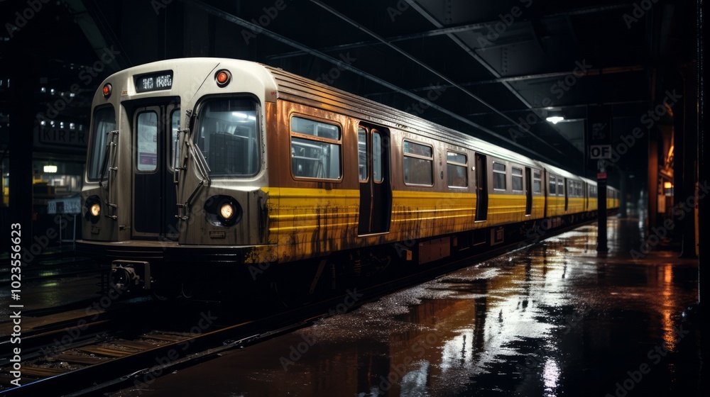 Commuter train at metro railway station at night. Neural network ai ...