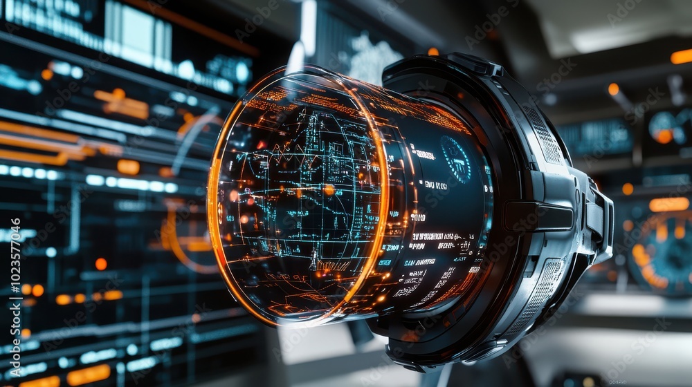 Futuristic spaceship cockpit with HUD interface displaying intricate data visualizations and ...