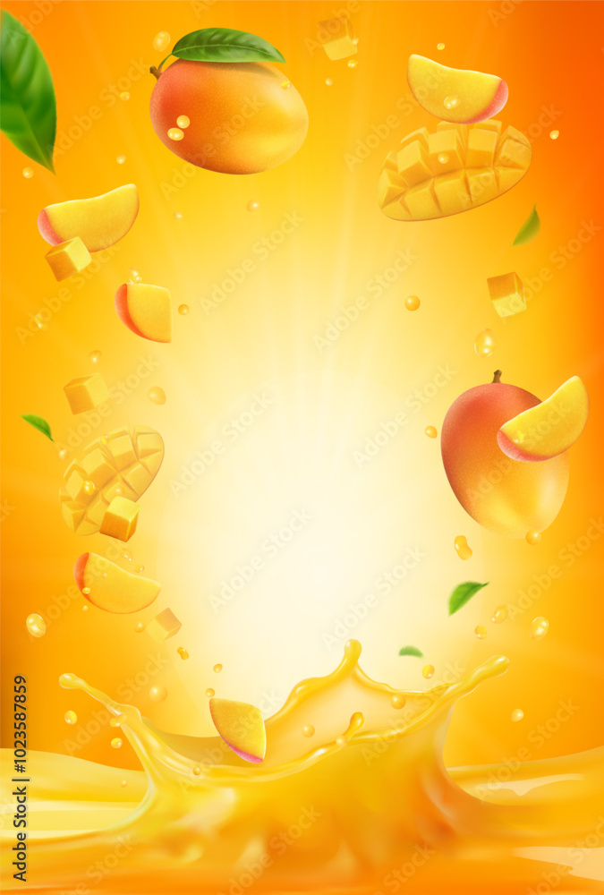 3d realistic vector vertical banner, mango juice splash, mango juice ...