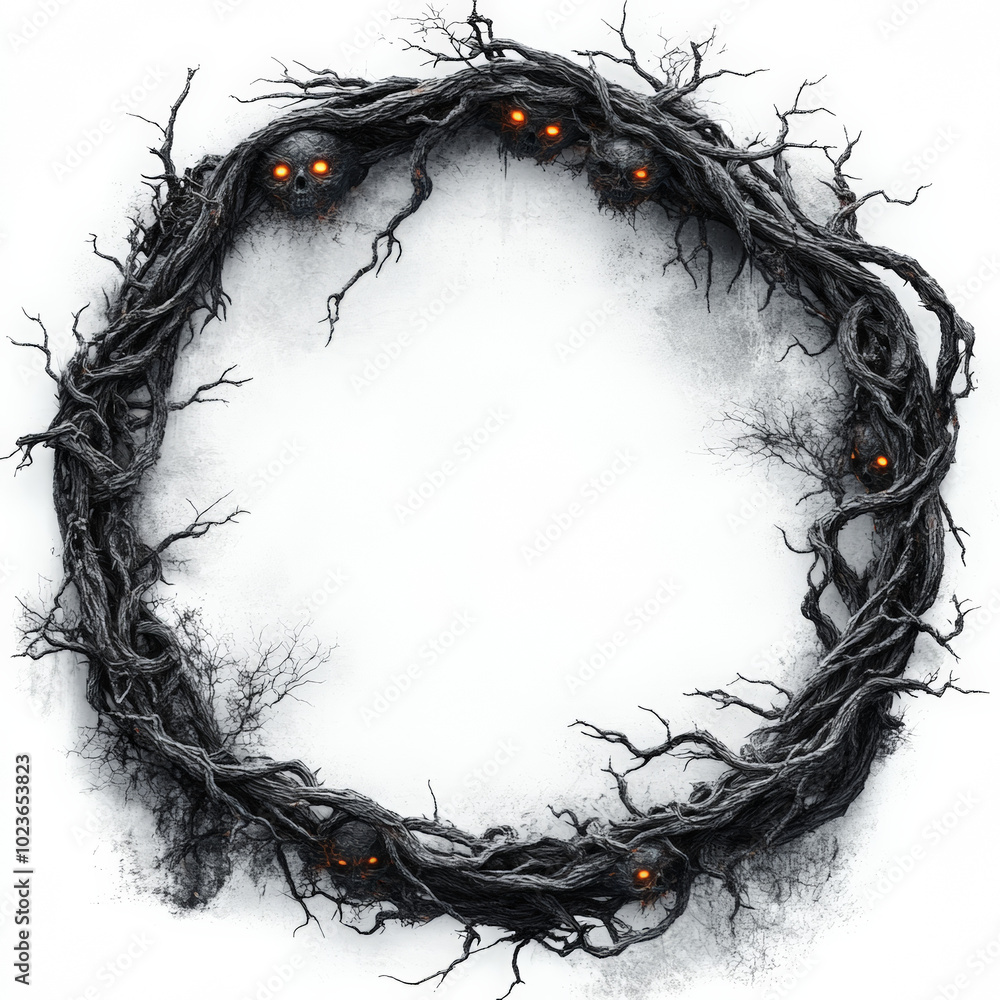 Dark, eerie round frame made of twisted branches, and ancient gothic ...