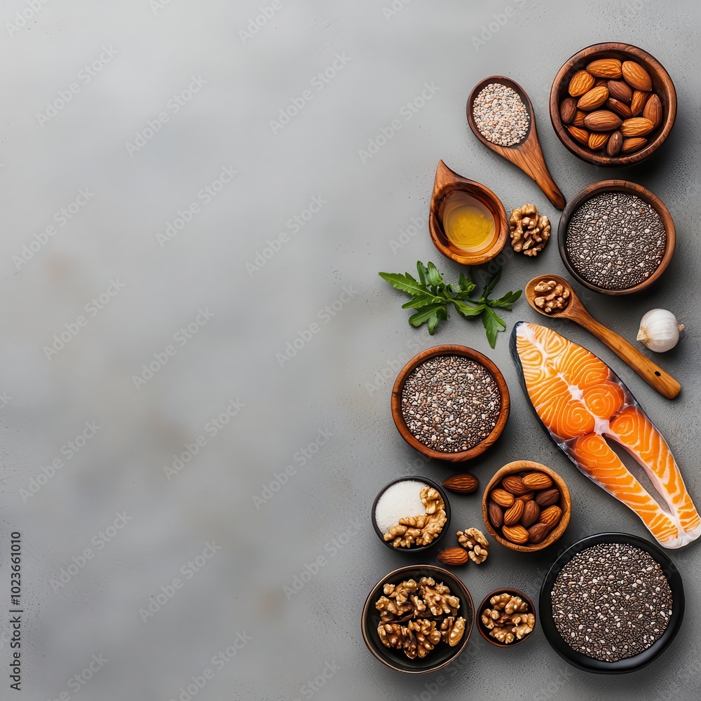 Mixed omega-3 rich foods including chia seeds, walnuts, and fresh fish ...