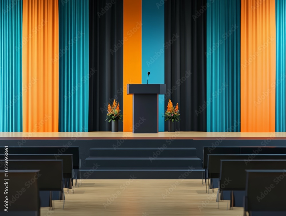 Stylized Graduation Stage Setup with Vibrant Banner, Podium, and ...