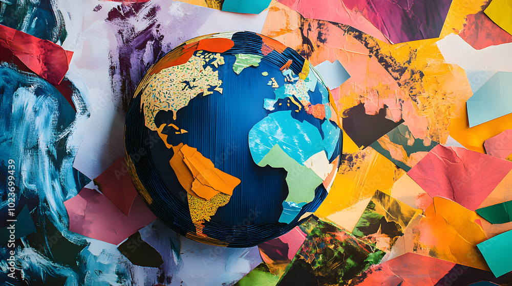 World, globe and collage art made of paper school project, humanity and ...