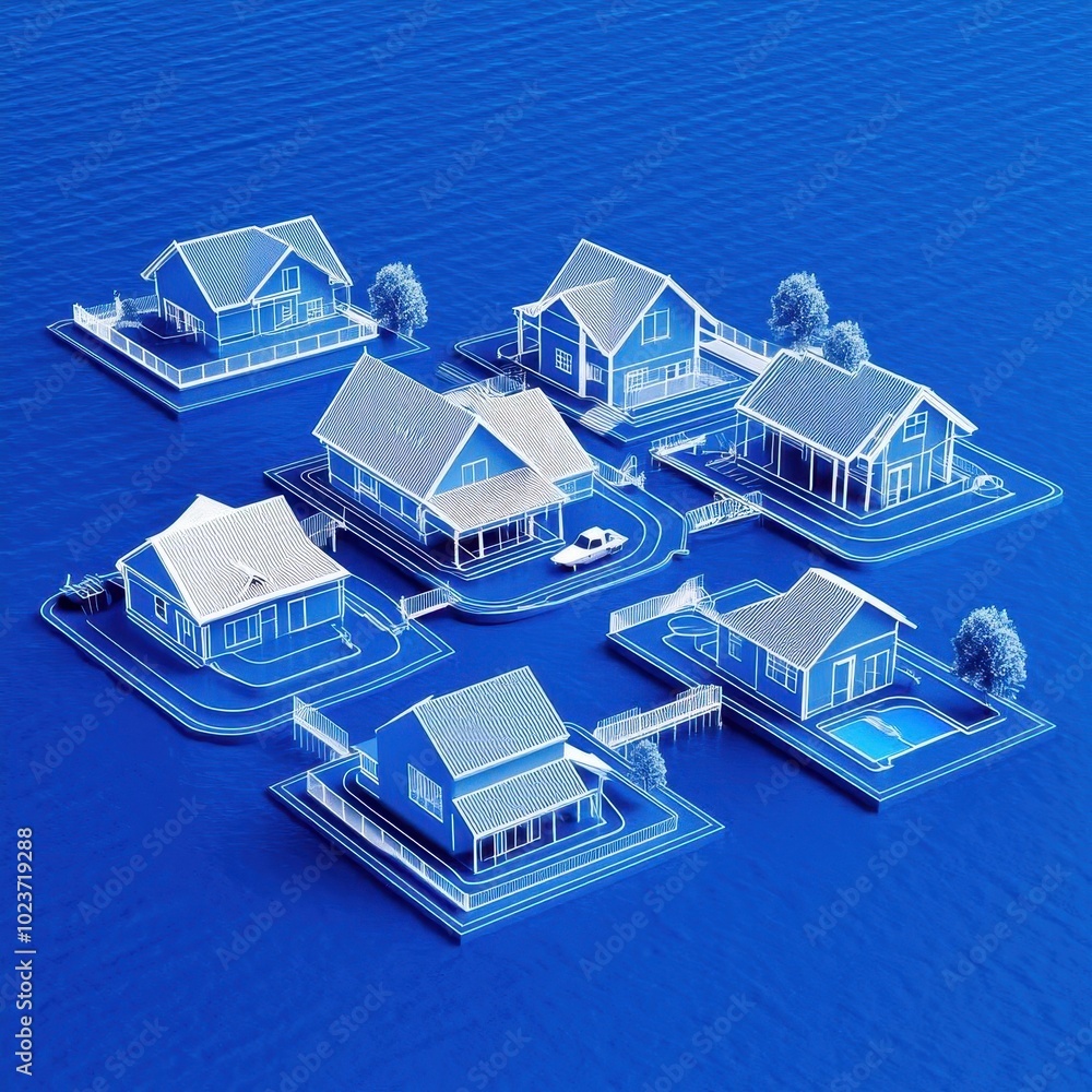 Blueprint of a coastal evacuation plan with flood zones and safe ...