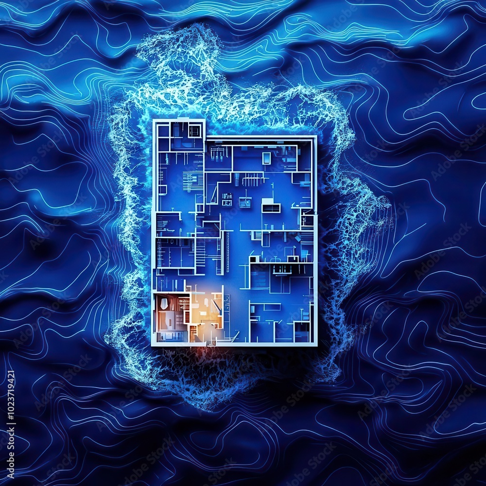 Blueprint of a coastal evacuation plan with flood zones and safe ...