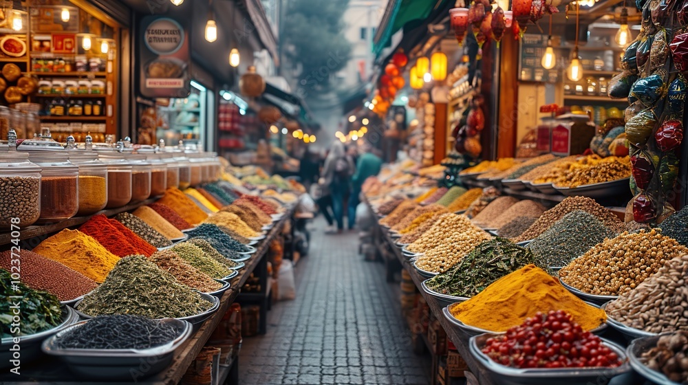 blurred image of traditional market with aromatic spices and exotic ...