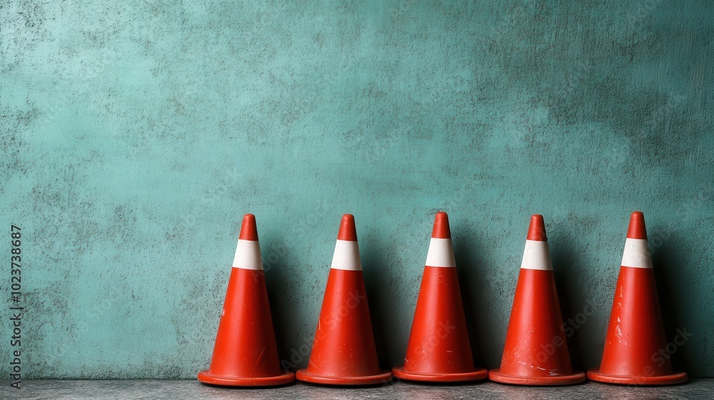 Five red traffic cones placed neatly against a textured blue wall ...