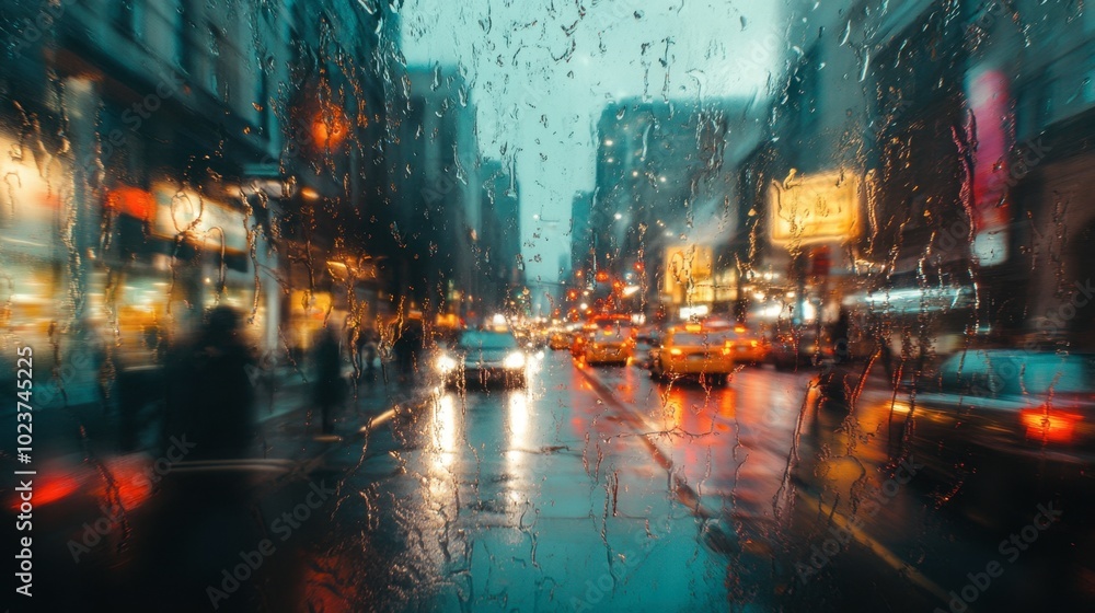 A rain-soaked city seen through a caf window, with blurred lights of ...