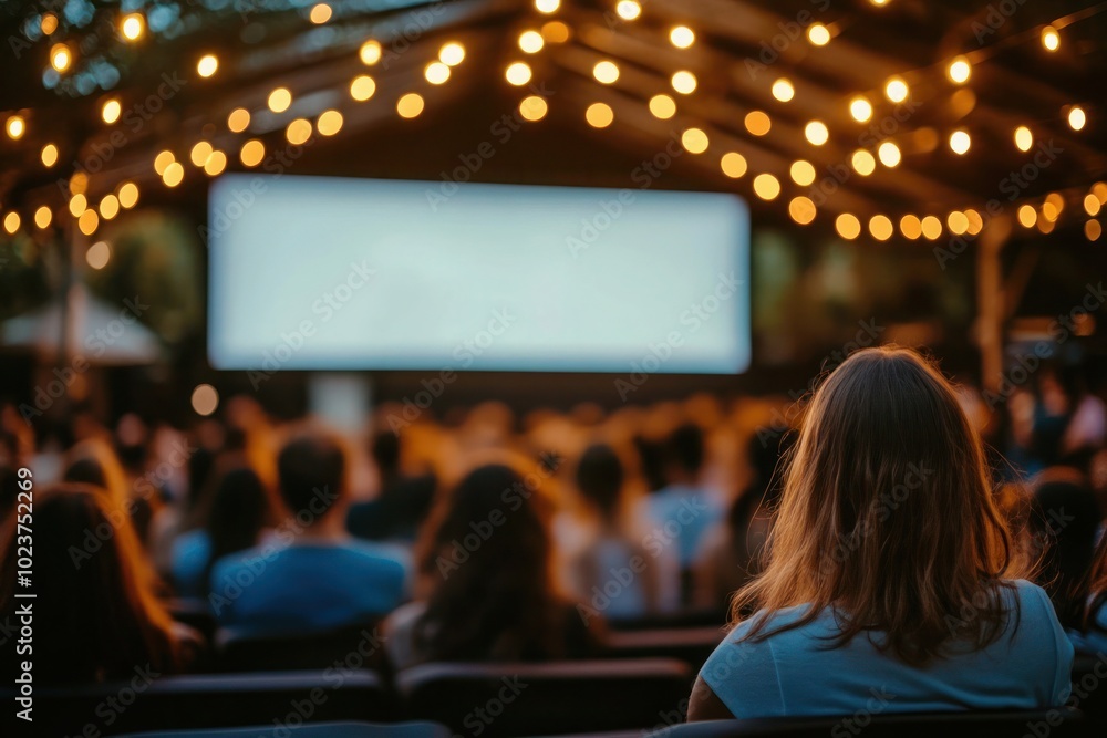The scene depicts people watching an outdoor cinema screen at night ...