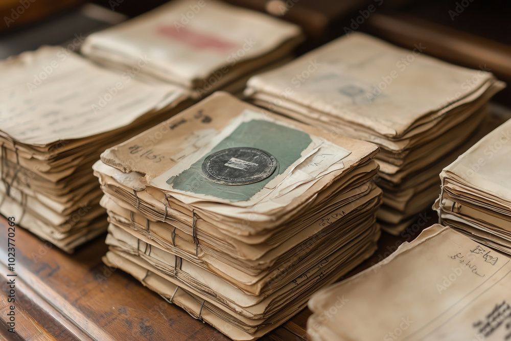 Intriguing case files stacked high in a dimly lit archive room full of ...
