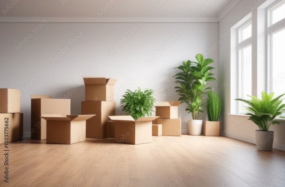 General plan. Empty bright living room with many cardboard boxes. Stock ...