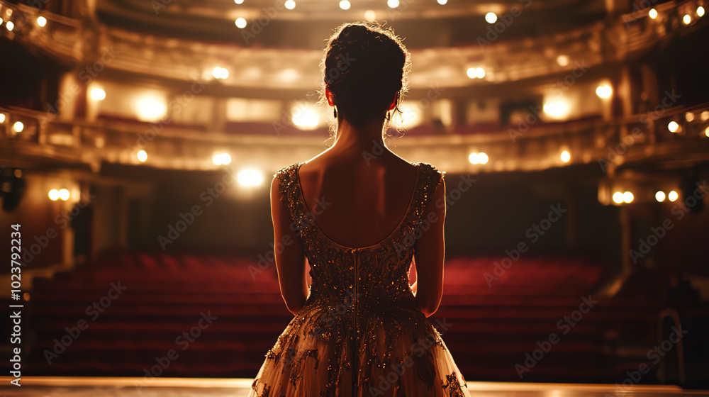 Beautiful opera singer in an ornate gown standing on stage with her ...