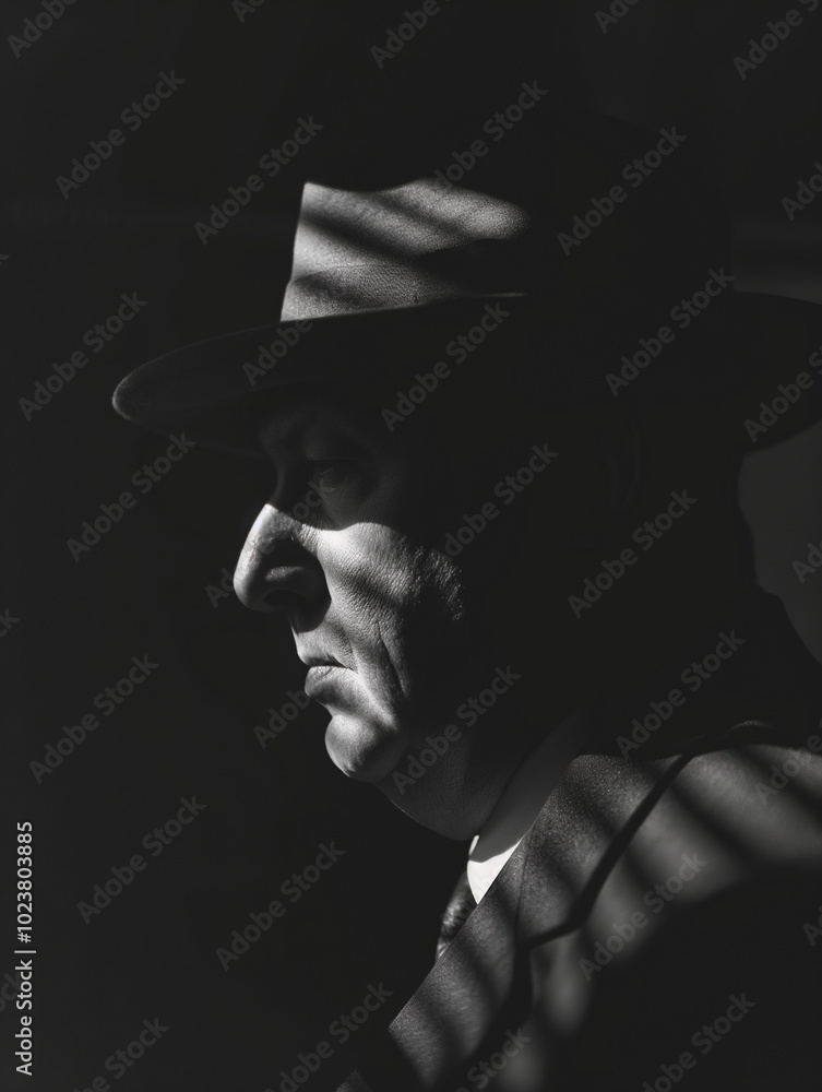 Golden age 1950s BUSINESSMAN in a suit, in the shadows, old film style ...