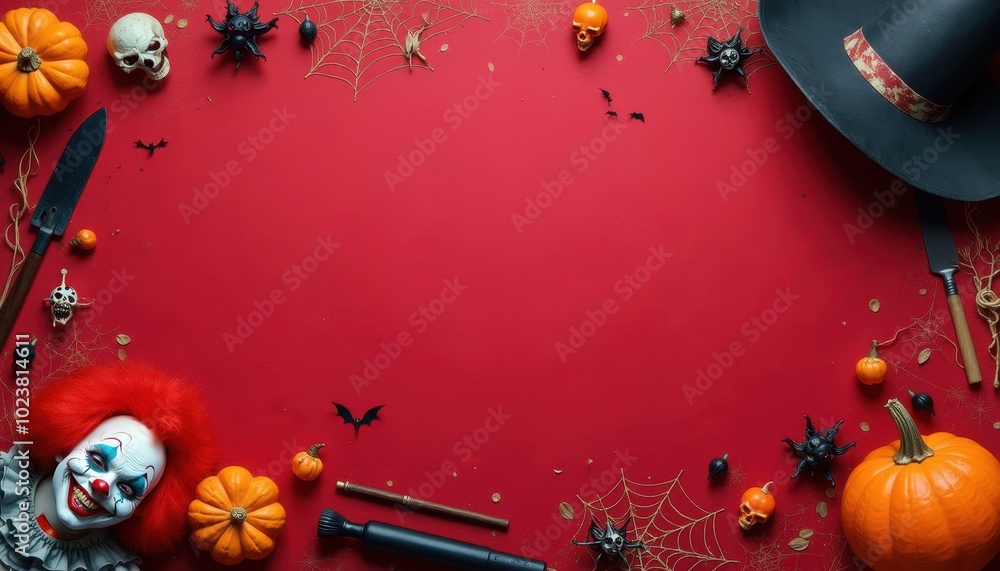 Halloween creepy clown and other stuff on Solid rose red color ...