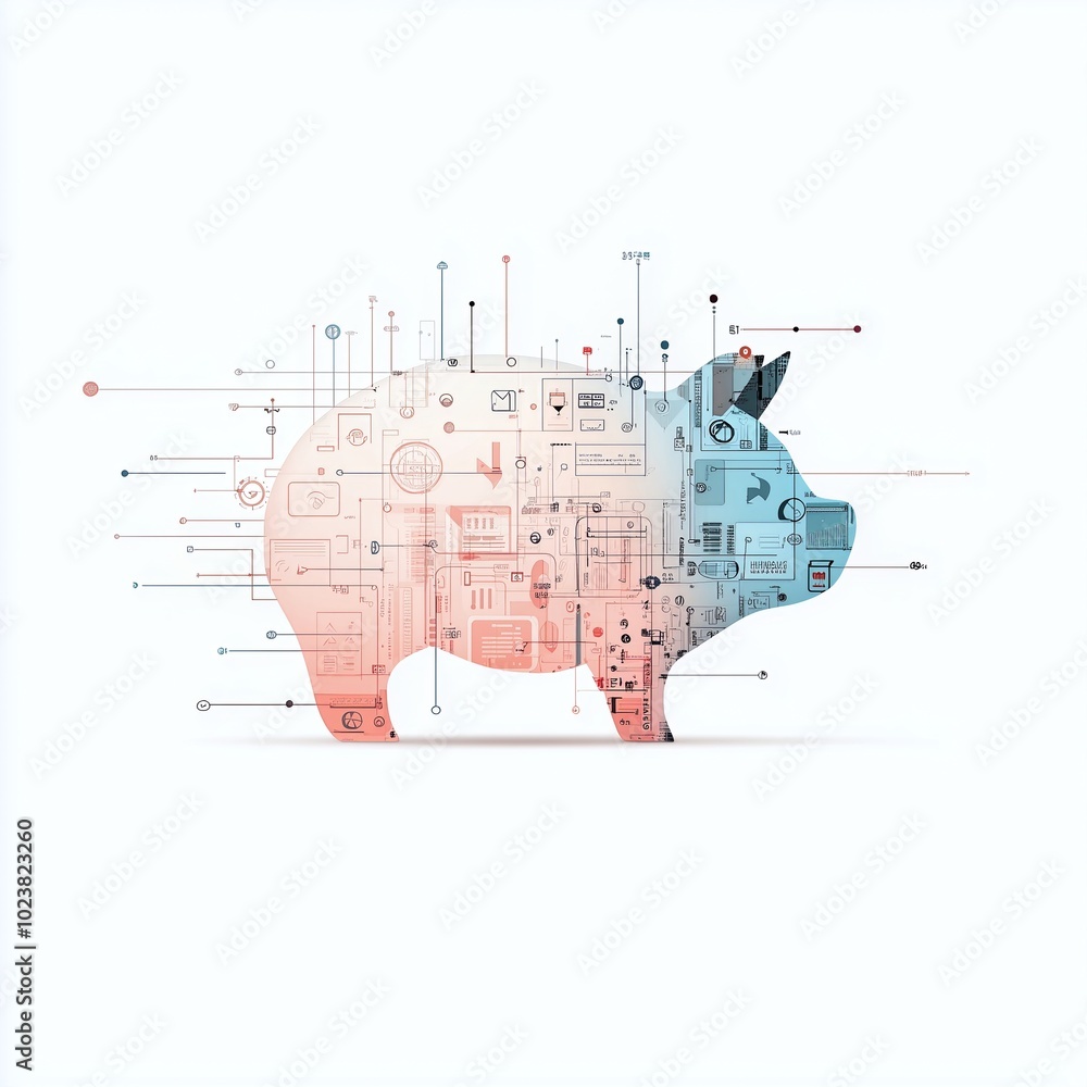 Technical schematic of pig silhouette filled with circuit patterns in coral and blue gradients ...