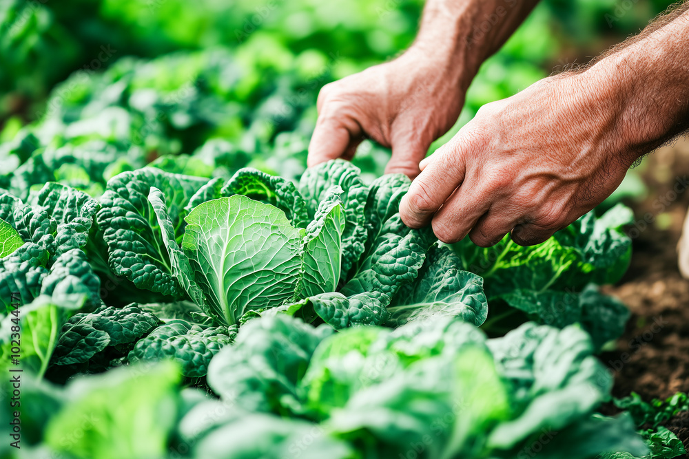 Hands tending to cabbage in a garden. A symbol of organic farming, care ...