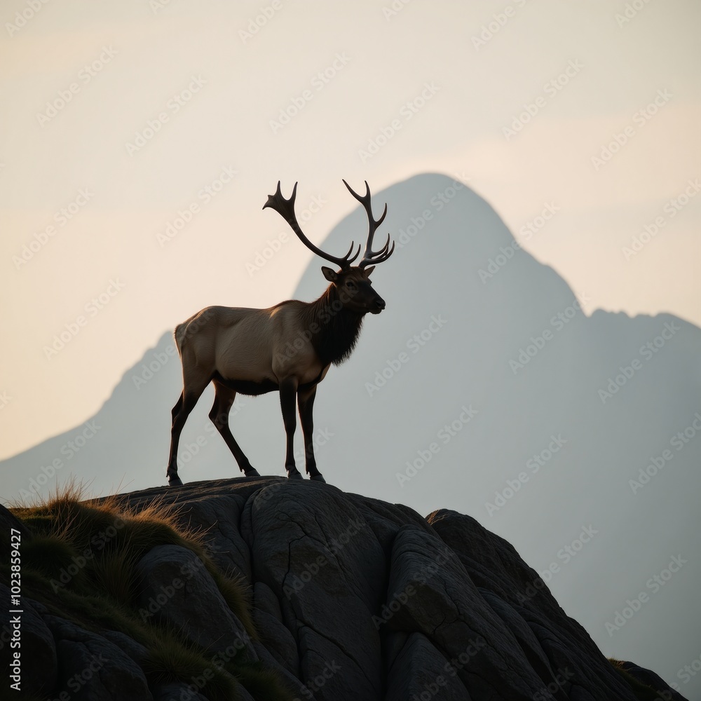 Majestic elk stands atop mountain ridge with rising early-morning mist ...