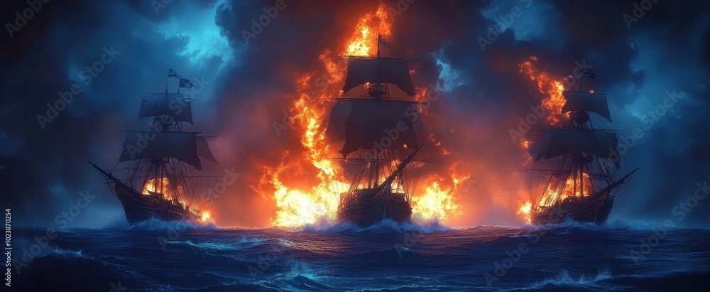 epic pirate standoff rugged captain faces two majestic ships dramatic ...