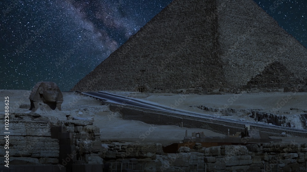 Egypt Sphinx Pyramid of Khufu Night Starry Sky Stock Photo | Adobe Stock