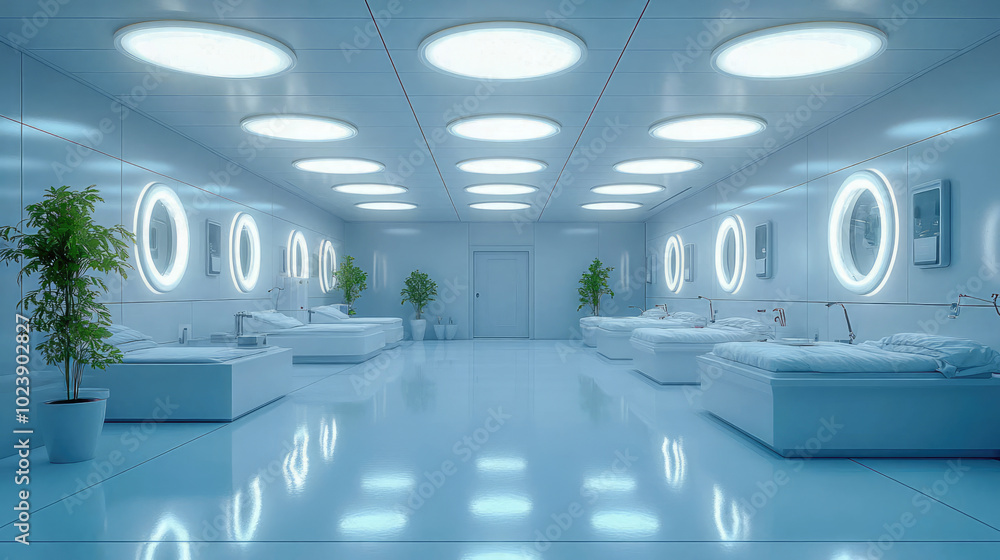 Futuristic medical ward with beds and round light fixtures on the ...