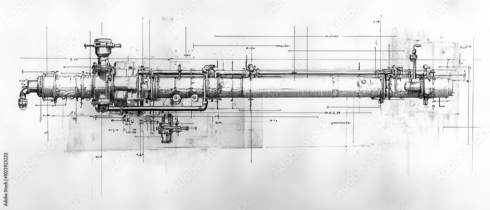Hand drawn pencil sketch of a complex industrial pipe system with ...