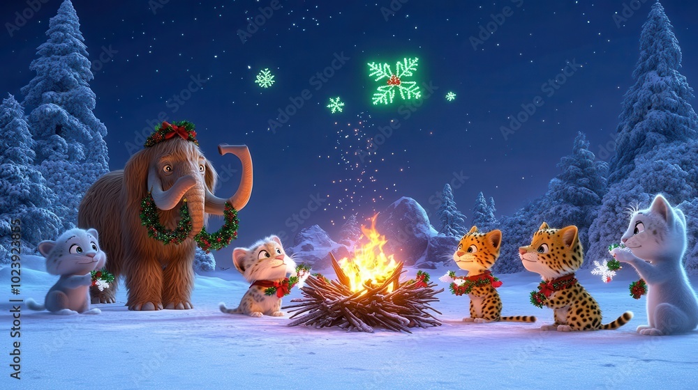 Animated prehistoric animals enjoying a cozy campfire under a starry ...