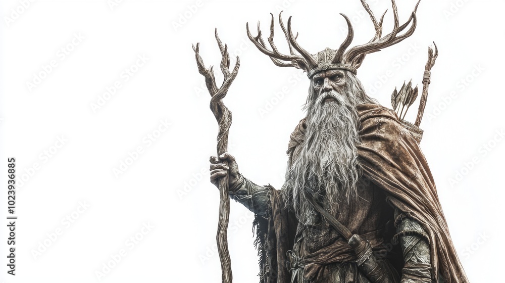Hodr the Scandinavian god is depicted with majestic antlers a staff and ...