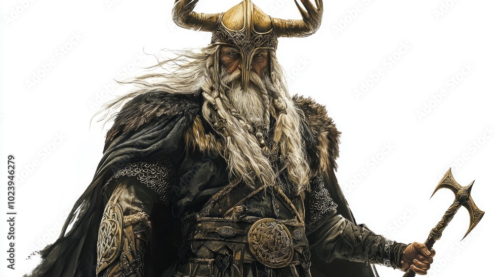 Odin chief god of the Norse pantheon is depicted with majestic horns a ...