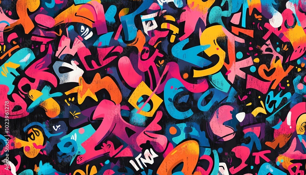 Dynamic seamless pattern of urban street art, featuring colorful ...