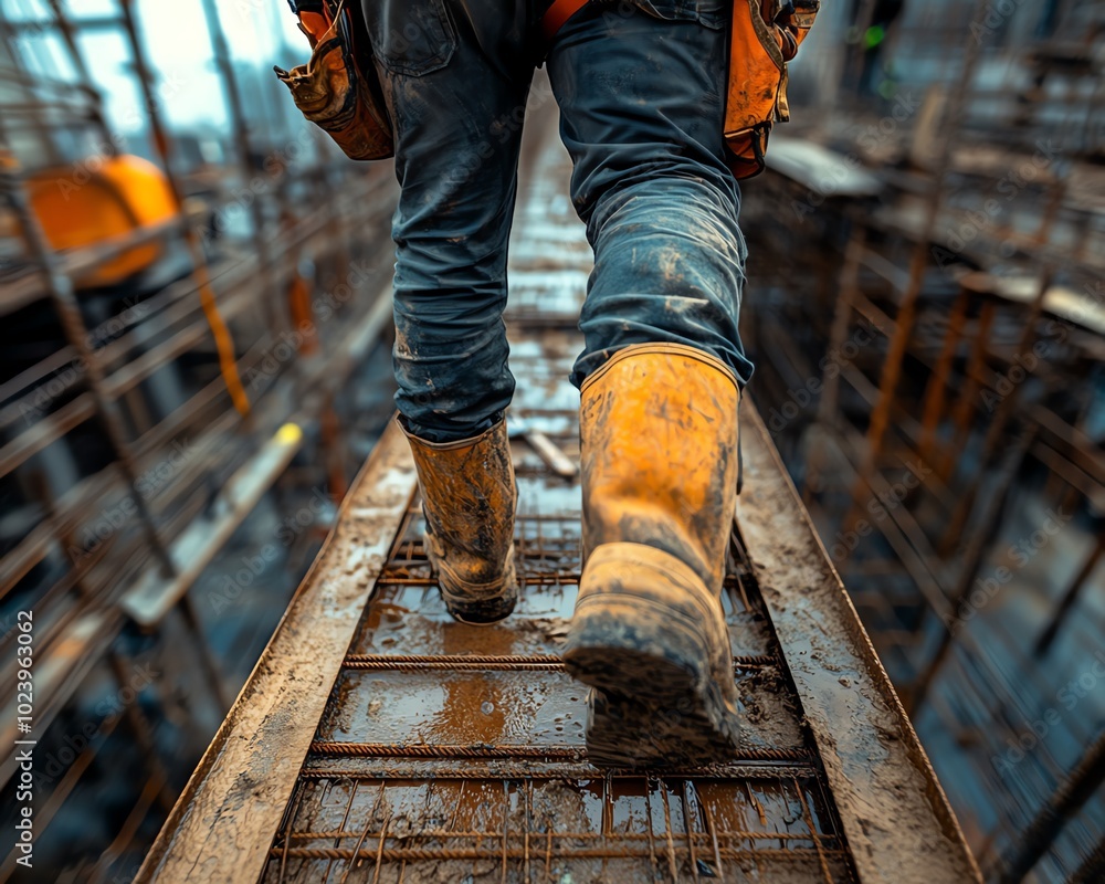 Legs of a construction worker on a job site, interacting with tools and ...
